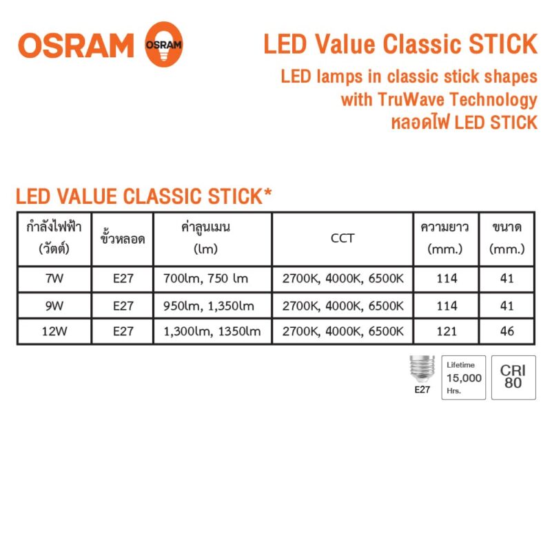 OSRAM LED E27 VALUE CLASSIC STICK หลอดไฟสติ๊ก 7W/9W/12 – OSRAMLEDVANCE