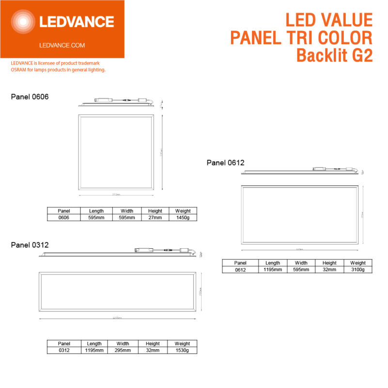 LEDVANCE LED VALUE PANEL TRI COLOR Backlit G2 โคมไฟพาแนลไลท์ ขนาด 49W มี size : 600x1200mm ...